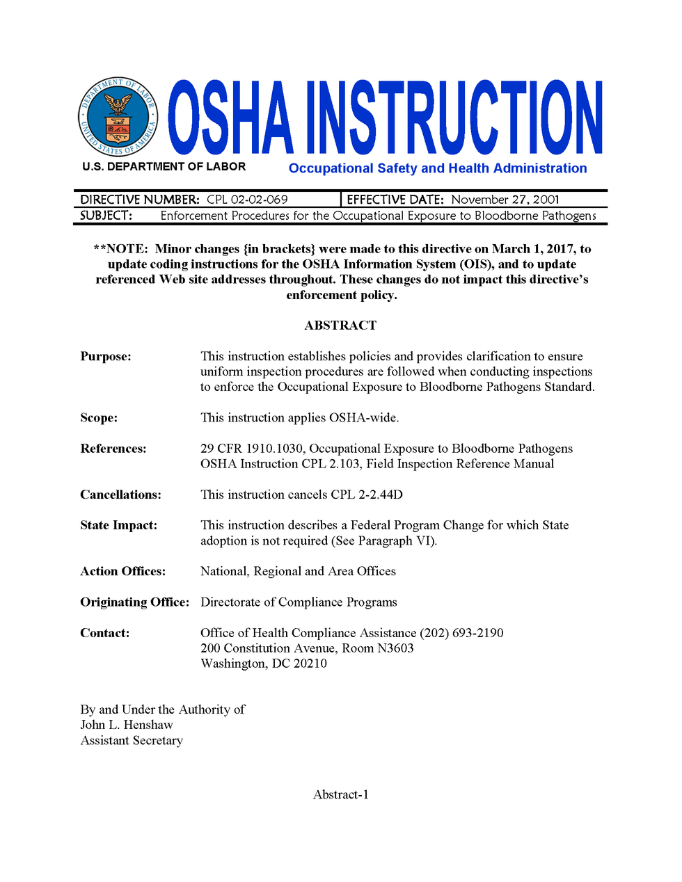 OSHA Directive CPL 02-02-069, Enforcement Procedures for the Occupational Exposure to Bloodborne ...