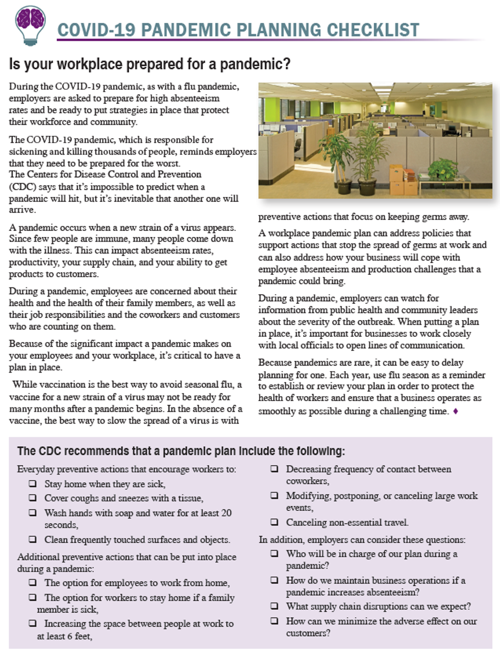 COVID-19 Checklist Is your workplace prepared for a pandemic? | J. J ...