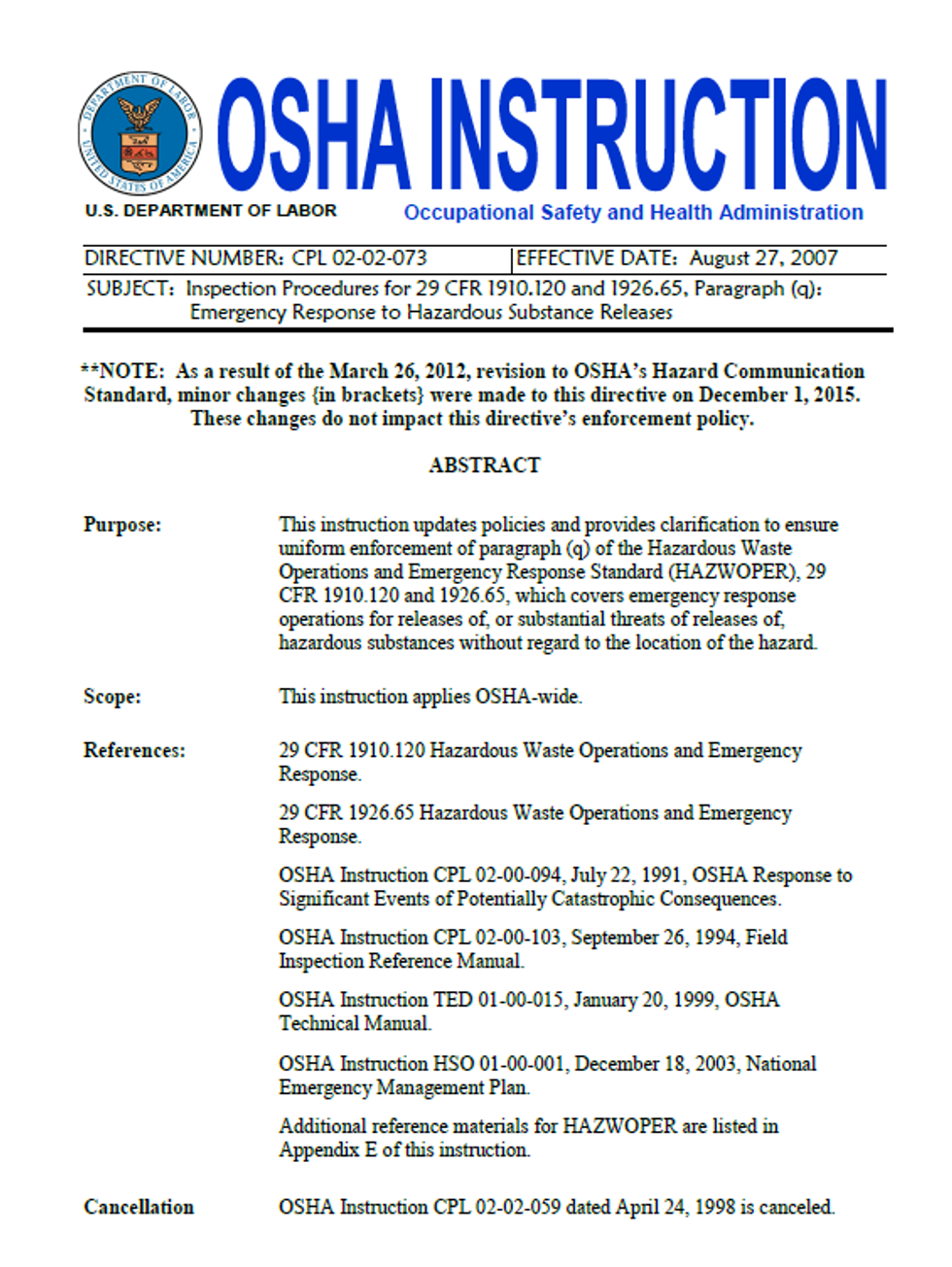 OSHA Directive CPL 02-02-073, Inspection Procedures for 29 CFR 1910.120 ...